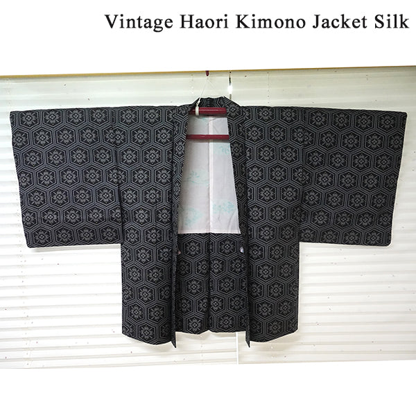 Vintage Haori Kimono Jacket Silk, Black base, Hanakikkō (Flower Hexago ...