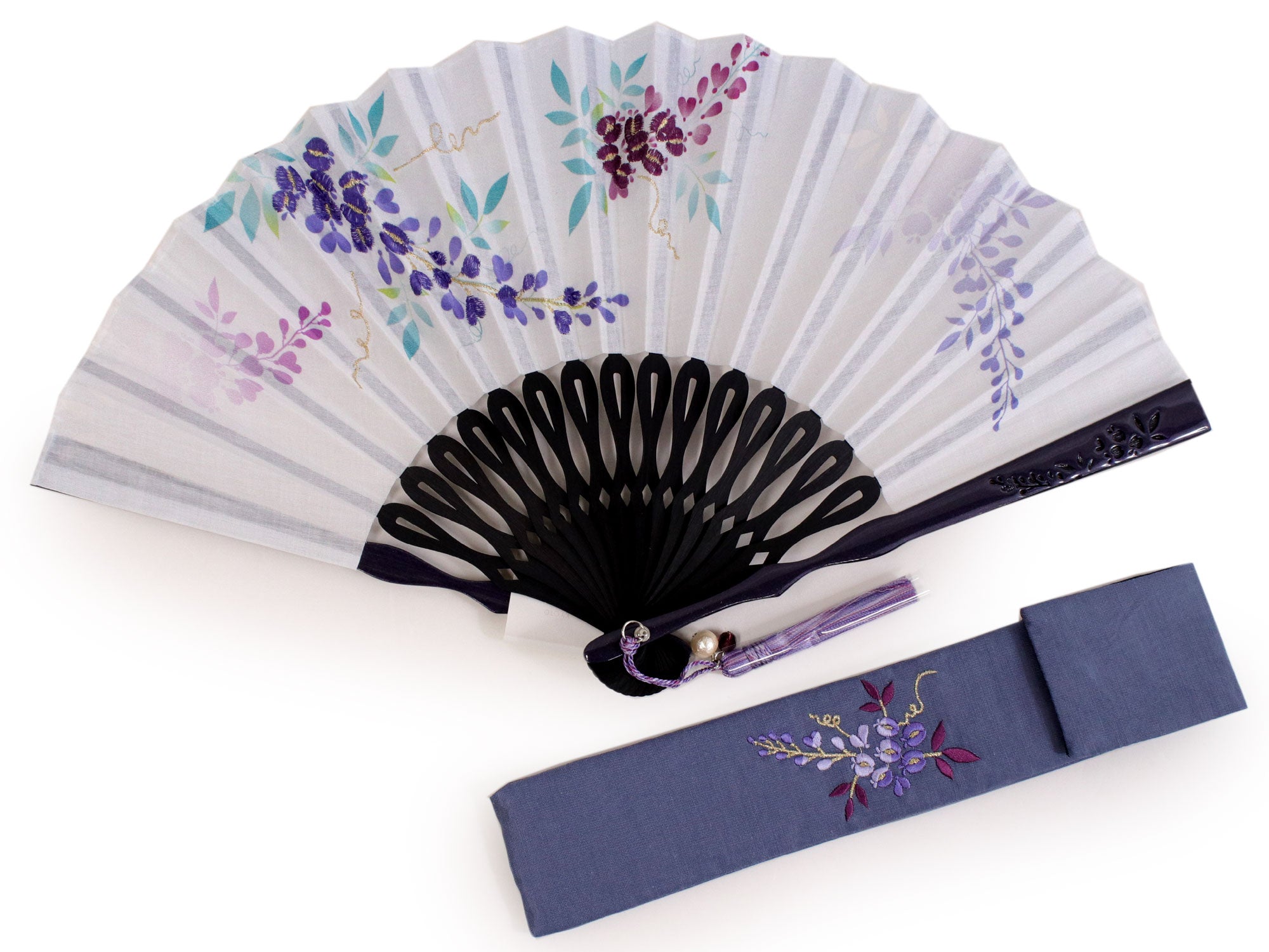 Ladies Cotton Embroidery Folding Fan & Fan Bag 2 Piece Set purple blur ...